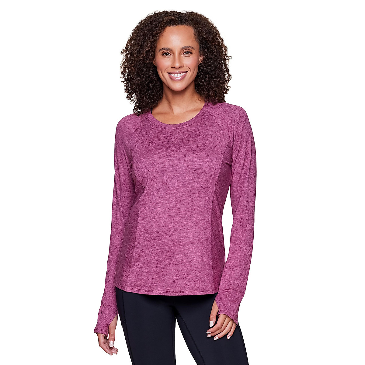 RBX Activewear Long Sleeve Running Top for Women, Lightweight Space Dye Buttery Soft Yoga Tee with Thumbholes Heathered Berry Wine M