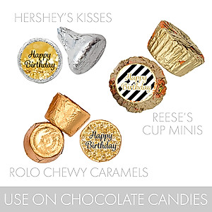 Happy Birthday Party Favor Labels Chocolate Kisses Candy Stickers - Black and Gold - 0.75 in. Round - 180 Stickers