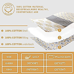 Y-PLWOMEN King Size Quilt, 100% Cotton Lightweight Soft King Quilt, Patchwork Reversible Bedspread Sets, Yellow Grey White Floral Quilt Bedding Set for All Season, 3-Pieces