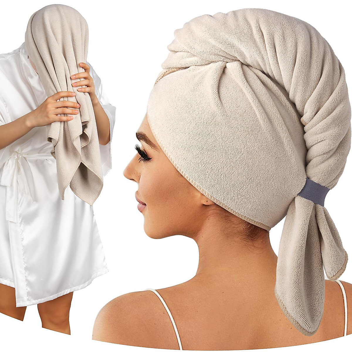 Umisleep 100% Microfiber Hair Towel, 41" x 22" Super Absorbent Hair Care Towel, Ultra Soft Hair Towel Wrap with Elastic Loop, Large Curly Hair Towel for Women Long, Thick Hair, Camel
