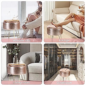 YAMILAN Velvet Round Storage Ottoman, Modern Foot Stool Vanity Stool with Metal Legs & Tray Top Coffee Table, Ottoman with Storage for Living Room Bedroom (PU Leather Light Gold)