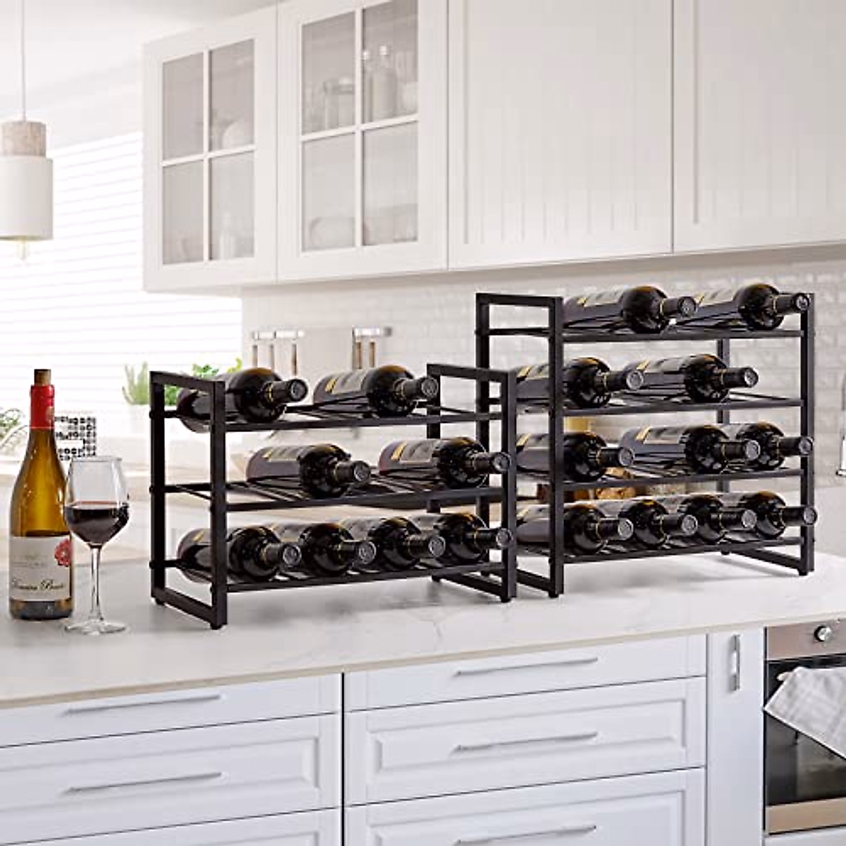IBUYKE Wine Rack, Stackable Wine Storage Shelf, Liquor Bottle Holders, 3 Tier for 12 Bottles, Inserts for Cabinet, Countertop, Pantry, Bar, Small Space, Study Steel Water Bottle Organizer TMJ906H