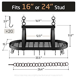 KES Ceiling Pot Rack 34-Inch Hanging Pot Rack for Kitchen Oval Pot and Pan Rack Matte Black Pot Hanger with 20 S Hooks, KUR221S85-BK