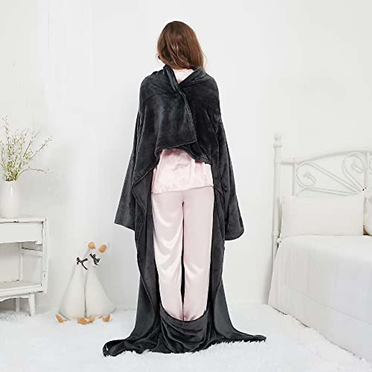 Fleece Wearable Blanket with Sleeves and Foot Pocket for Adult Women Men, Plush Throw with Adjustable Hook & Loop for Lounge Couch Reading Watching TV 79" x 67" Charcoal