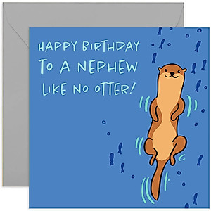 Old English Co. Happy Birthday To A Nephew Like No Otter! Card - Square Cute Animal Otter Card | Suitable for Men & Women | Blank Inside & Envelope Included