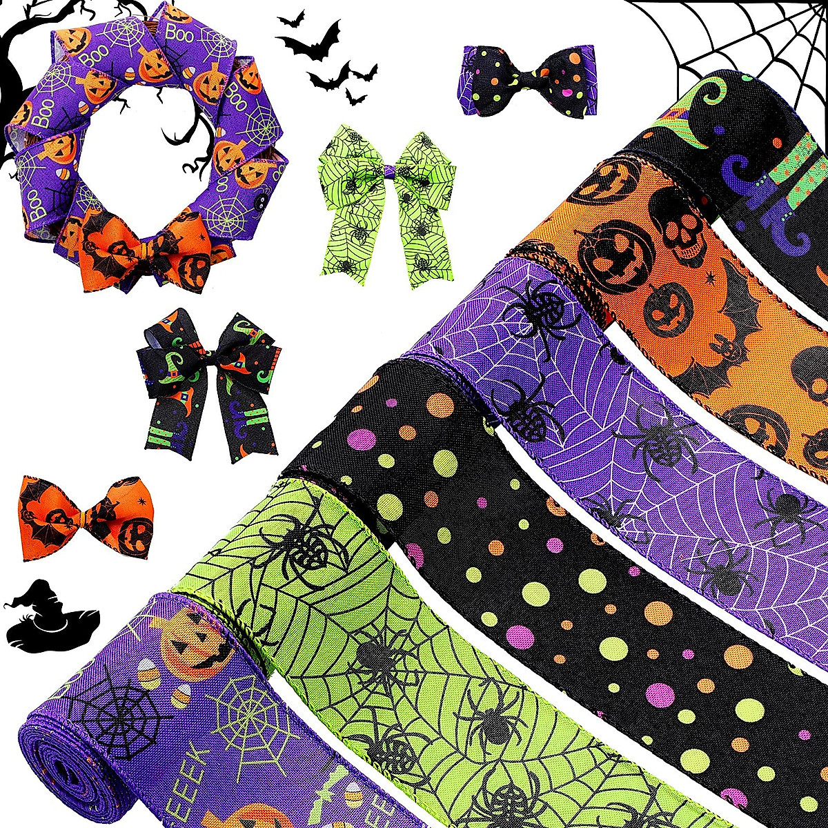 6 Rolls 30 Yards Wired Edge Ribbons - Bat Spider Web Printed Ribbons with Witch Legs, Skull, Pumpkin Designs - Perfect for Halloween Home Decor, Wreaths, DIY Crafts and Floral Bows