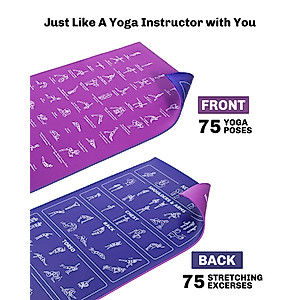 Upgrade New Instructional Yoga Mat with 75 Poses Printed on It, 6mm Travel Yoga Mat with Bag Christmas Gifts for Women and Men, 1/4 Inch Extra Thick Non-Slip (Purple/Blue)