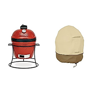 Kamado Joe KJ13RH Joe Jr. 13.5 inch Portable Charcoal Grill with Cast Iron Cart and Heat Deflectors, Blaze Red & Classic Accessories Veranda Water-Resistant 21 Inch Kamado Mini Ceramic BBQ Grill Cover