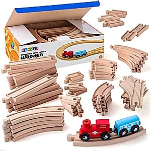 Play22 Wooden Train Tracks - 52 PCS Wooden Train Set + 2 Bonus Toy Trains - Train Sets for Kids - Car Train Toys is Compatible with Thomas Wooden Railway Systems and All Major Brands - Original
