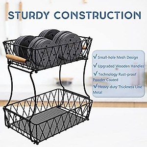 2 Tier Fruit Basket for Kitchen, Tiered Fruit Basket Kitchen Countertop Organizer, Bread Vegetable Storage Wire Metal Bowl with Banana Hanger Holder Stand, Detachable Counter Decor Black Farmhouse