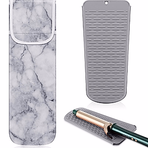 Shappy 2 Pieces Flat Iron Travel Case Heat Resistant Curling Iron Holder Cover Travel Sleeve Neoprene Straightener Holder and Silicone Hot Tools Flat Bag(Marble Style)