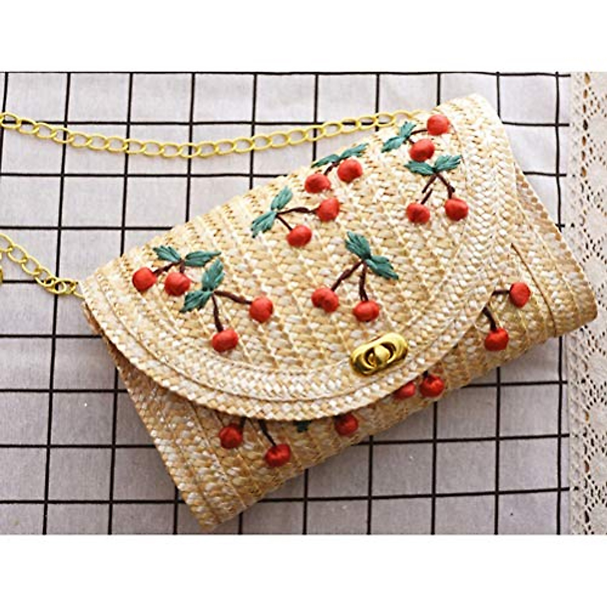 TENDYCOCO Crossbody Bag Straw Bag Shoulder Bag Cherry Print Summer Beach Cute for Women