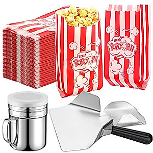 Potchen 502 Pieces Popcorn Machine Supplies Set Includes 500 Pcs 1oz Red and White Bags Bundle Scoop Stainless Steel Seasoning Dredge with Handle Lid Season Salt Shaker