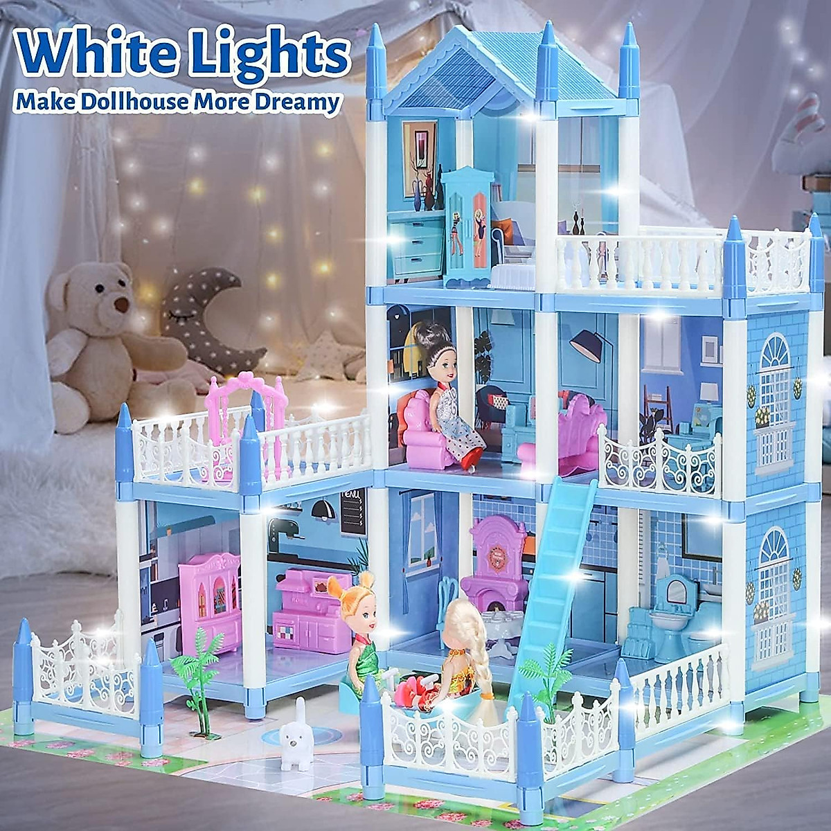 Doll House for Girls 2 3 4 5 6 7 8 Year Old - 3-Story 6 Rooms Dollhouse with 3 Dolls Light Accessories Furniture and Play Mat, DIY Pretend Dream Dollhouse Toy Gift for Kids (20.5'' x 16'' x 18.7'')