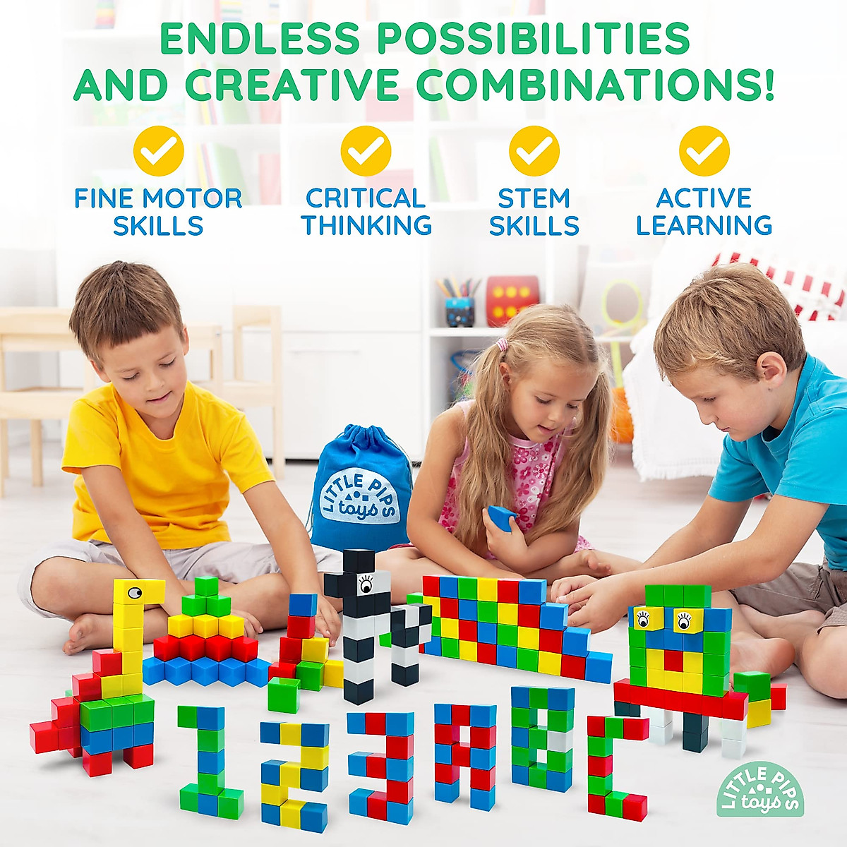 LITTLE PIPS TOYS 50PCS Magnetic Blocks for Kids [Ages 3–6] – 3D Magnetic Building Blocks Set with Child-Safe Magnetic Cubes & Eye Stickers – STEM Magnetic Toys for Critical Thinking, Motor Skills