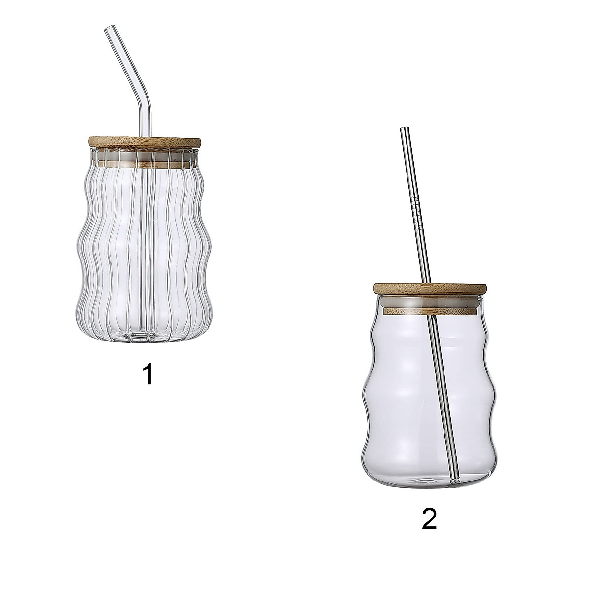 MISNODE 4 PCS Drinking Glasses with Wood Lids and Glass Straw, 16.9 oz Glass Cups Beer Can Glass Ice Coffee Cup Creative Tumbler with Lid and Straw for Home Office Bar Restaurant