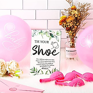 51 Pcs Tie Your Shoe Baby Shower Game Sign Wooden Baby Shower Sign Greenery Baby Gift Sets Gender Reveal Party Favors 50 Pink Balloons Baby Latex Balloons for Baby Shower Game Supplies