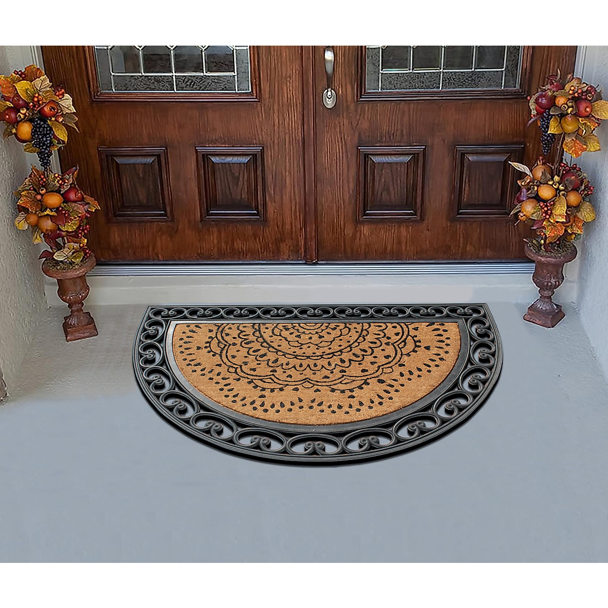 A1 Home Collections A1HOME200131 Heavy Duty Welcome Doormat A1HC Natural Coir & Rubber Round Door Mat, 30" X 48", Half Circle Paisley Black