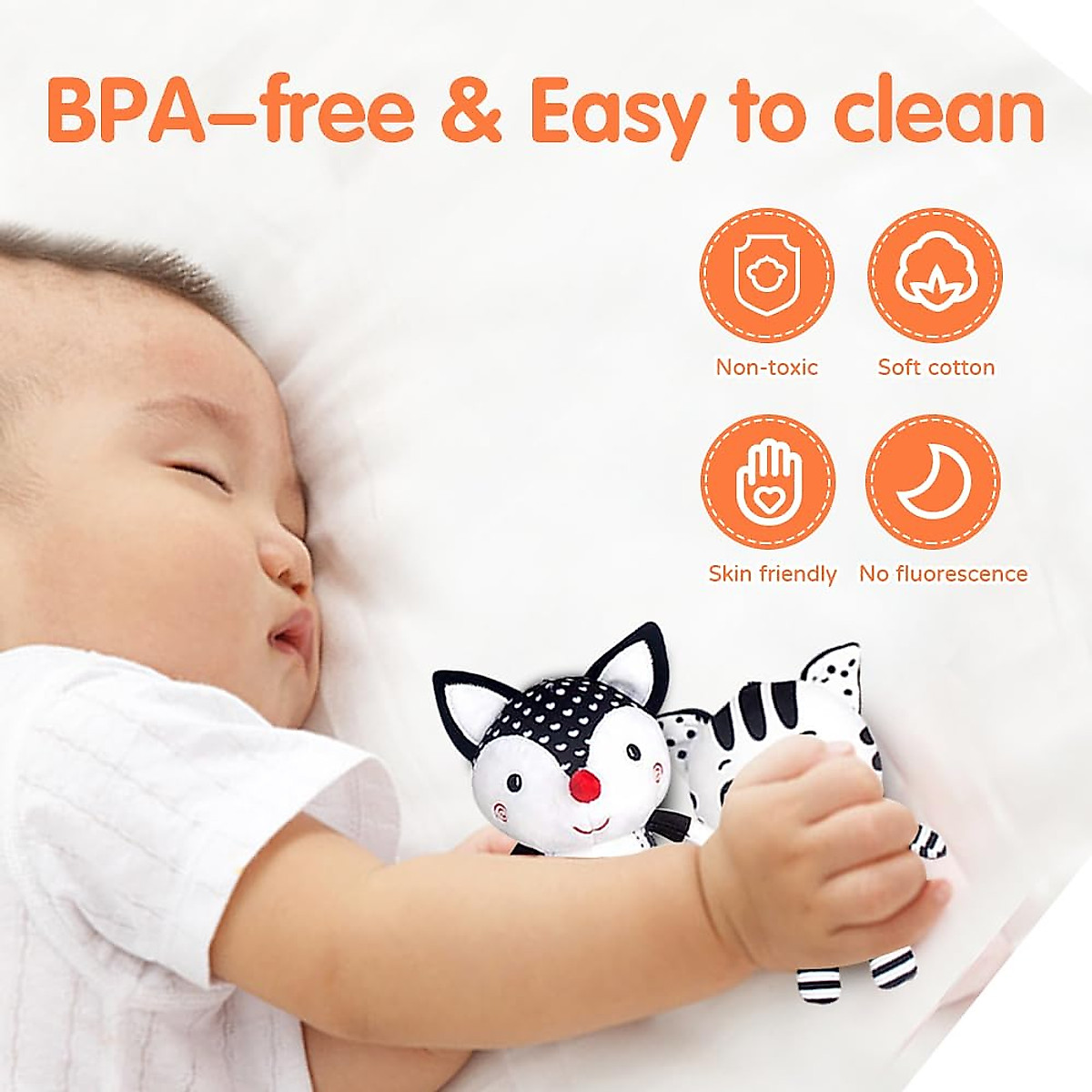 Cute Hanging Stroller Car Seat Toys for Baby, C Clip Hanging Animal Soft Toys with Rattles BB Squeaker Distorting Mirror for Boys Girls 0-36 Months (Black-White)