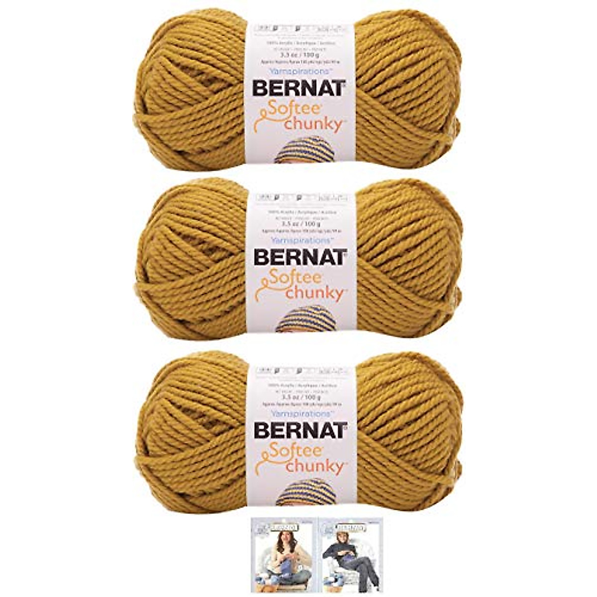 Bernat Softee Chunky Yarn Bundle Super Bulky Number 6, 3 Skeins (Brass)