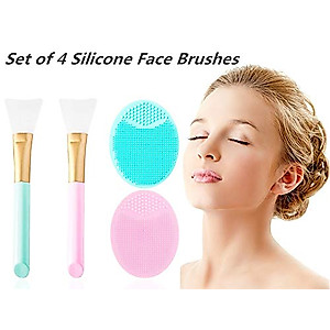 2 PCS Silicone Face Mask Brush and 2 PCS Face Scrubber, Facial Applicator Brushes for Applying Facial Mask, Soft Silicone Facial Cleansing Brush Pad Cosmetic Scrapers(Set of 4)