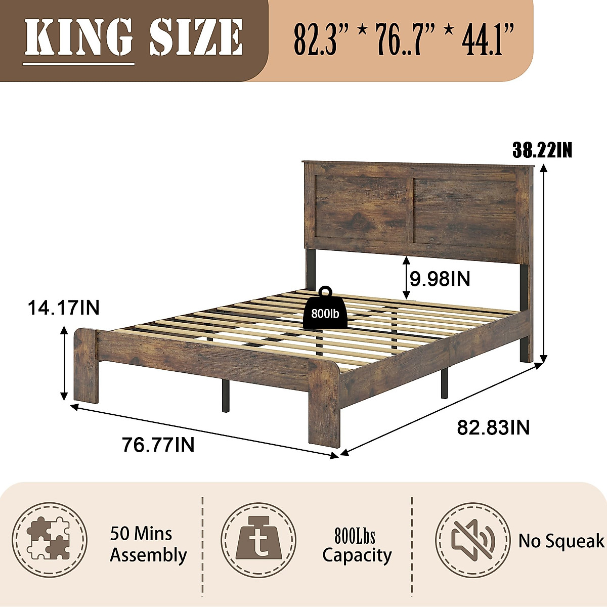 madeslves King Size Wooden Bed Frame with Headboard, Rustic Farmhouse Bedframe with Wood Slat Support, Sturdy Framework Platform Bed Frame, Easy Assembly (Rustic Brown)