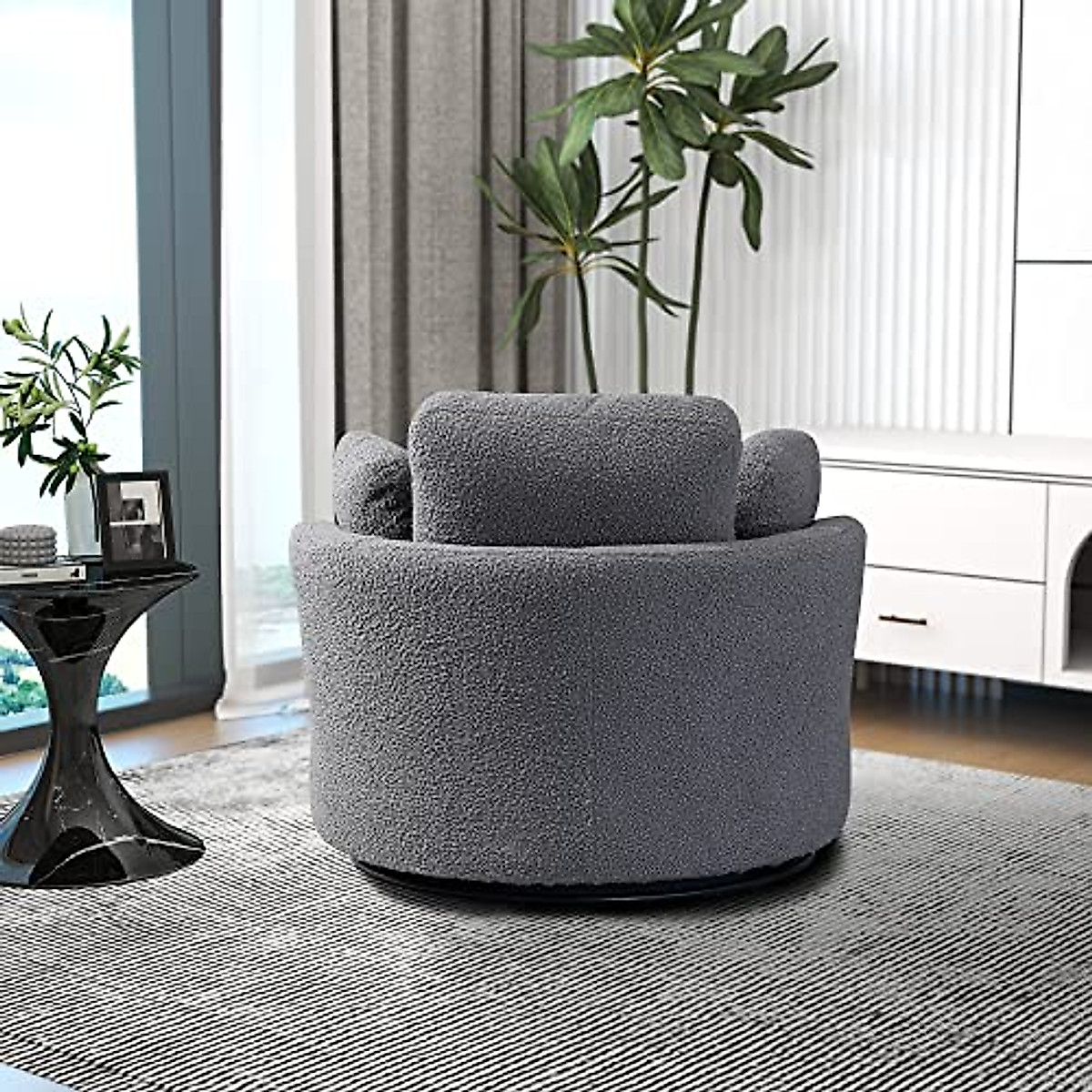 Dvasovio 42.2" W Swivel Accent Barrel Chair with 3 Pillows 360 Degree Swivel Lounge Club Round Chair, Oversized Arm Chair Cozy Club Chair for Bedroom Living Room Hotel, Ivory Boucle(Dark Gray)