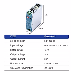 TorqCali EDR-150-24 150W 24V 6.5A Single Output Industrial DIN Rail Power Supply, Constant Current Limiting, Overload & Overvoltage Protection