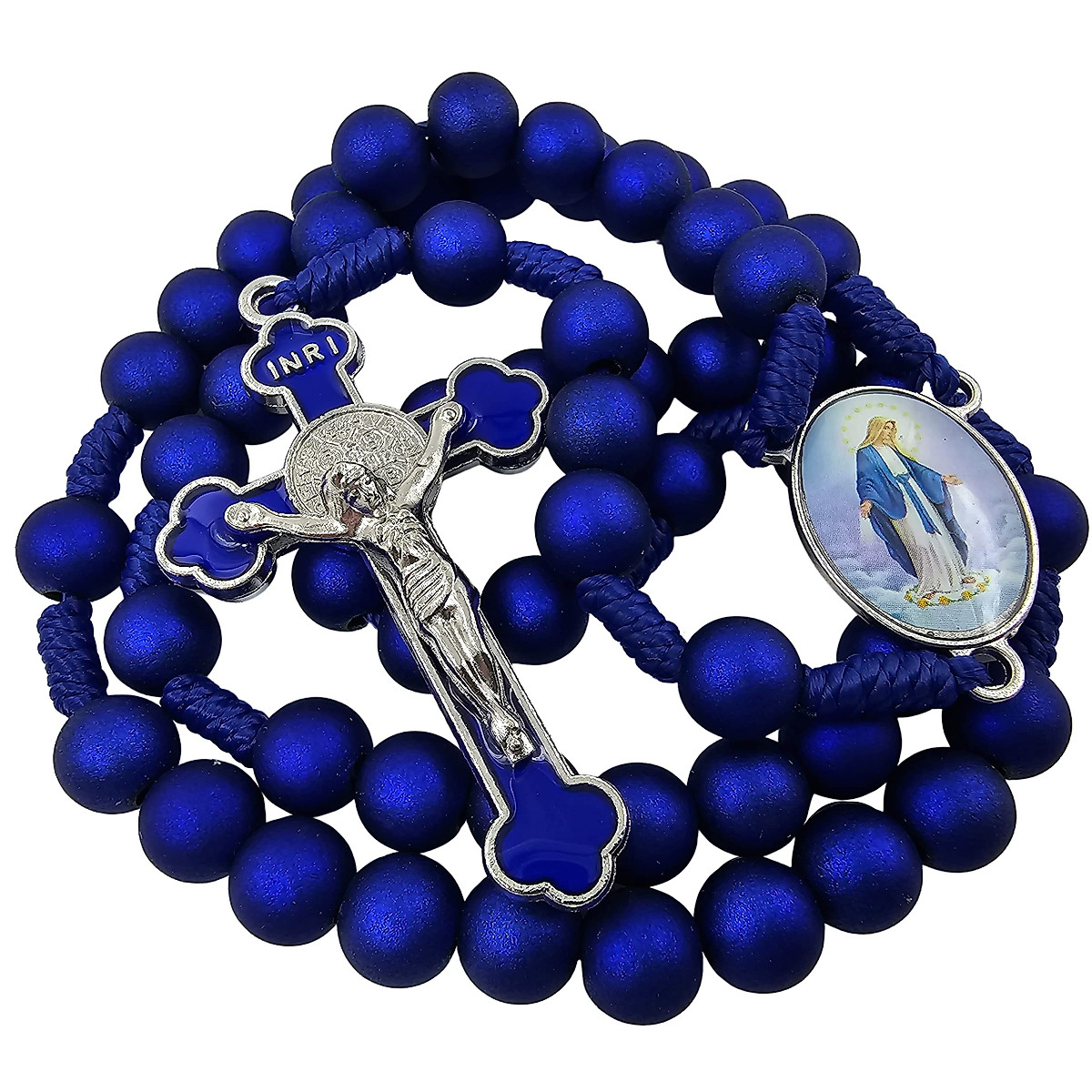 TALISMAN4U Deep Blue Rosary Beads Catholic Prayer Necklace with Saint Benedict Crucifix Our Lady of Grace Medal Religious Gift Rosary Pouch