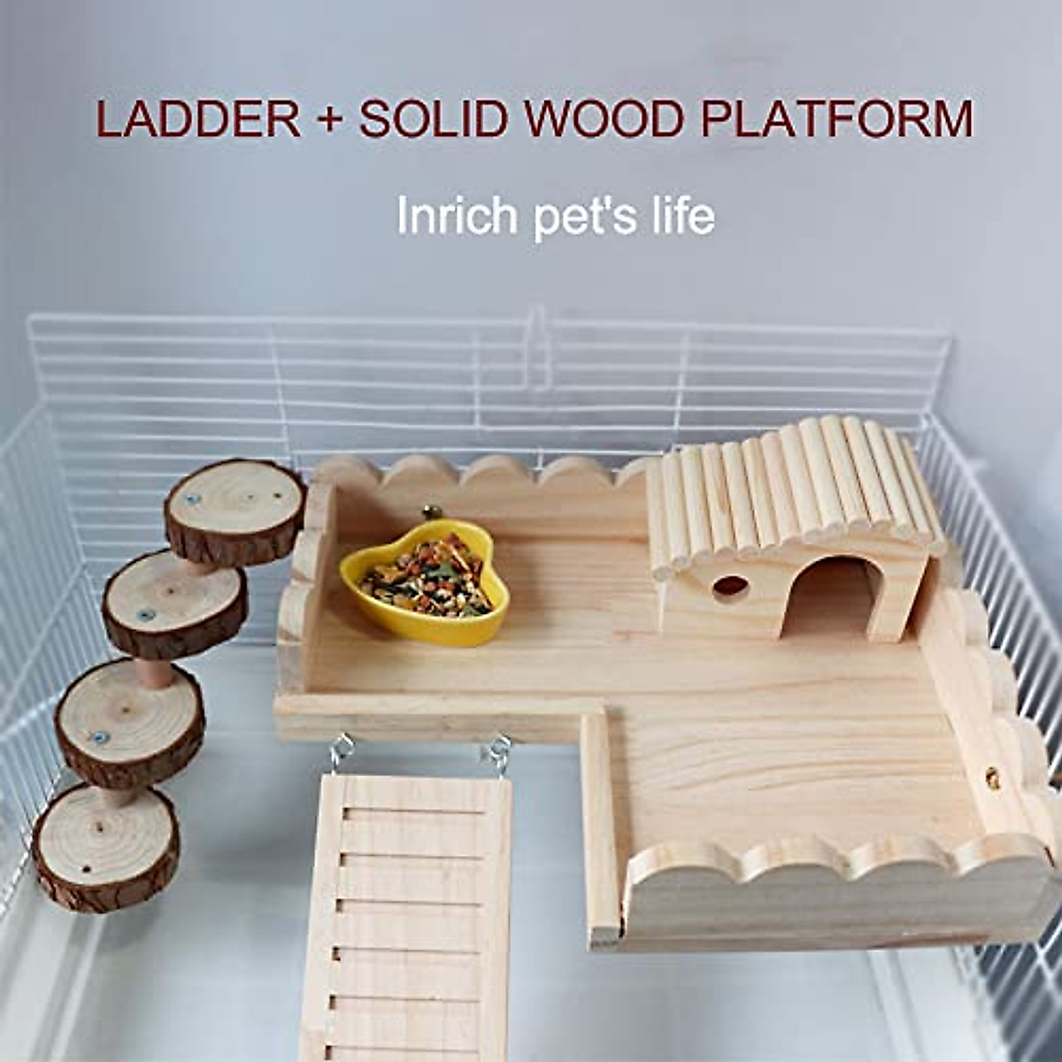 antiai Wooden Hamster Toys Guinea Pig Platform with Climbing Ladder,Hamster Wood Desk Stand Habitat Decor,Chinchilla Rat Squirrel Rabbit Guinea Pig Small Animal Cage Accessories(Large)