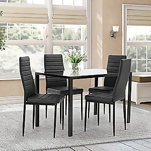 Vnewone Dining Table Set for 4,Kitchen Table and Chairs with Glass Tabletop and Heavy Metal Frame Chairs,Modern Home Furniture Suitable for Small Space Black