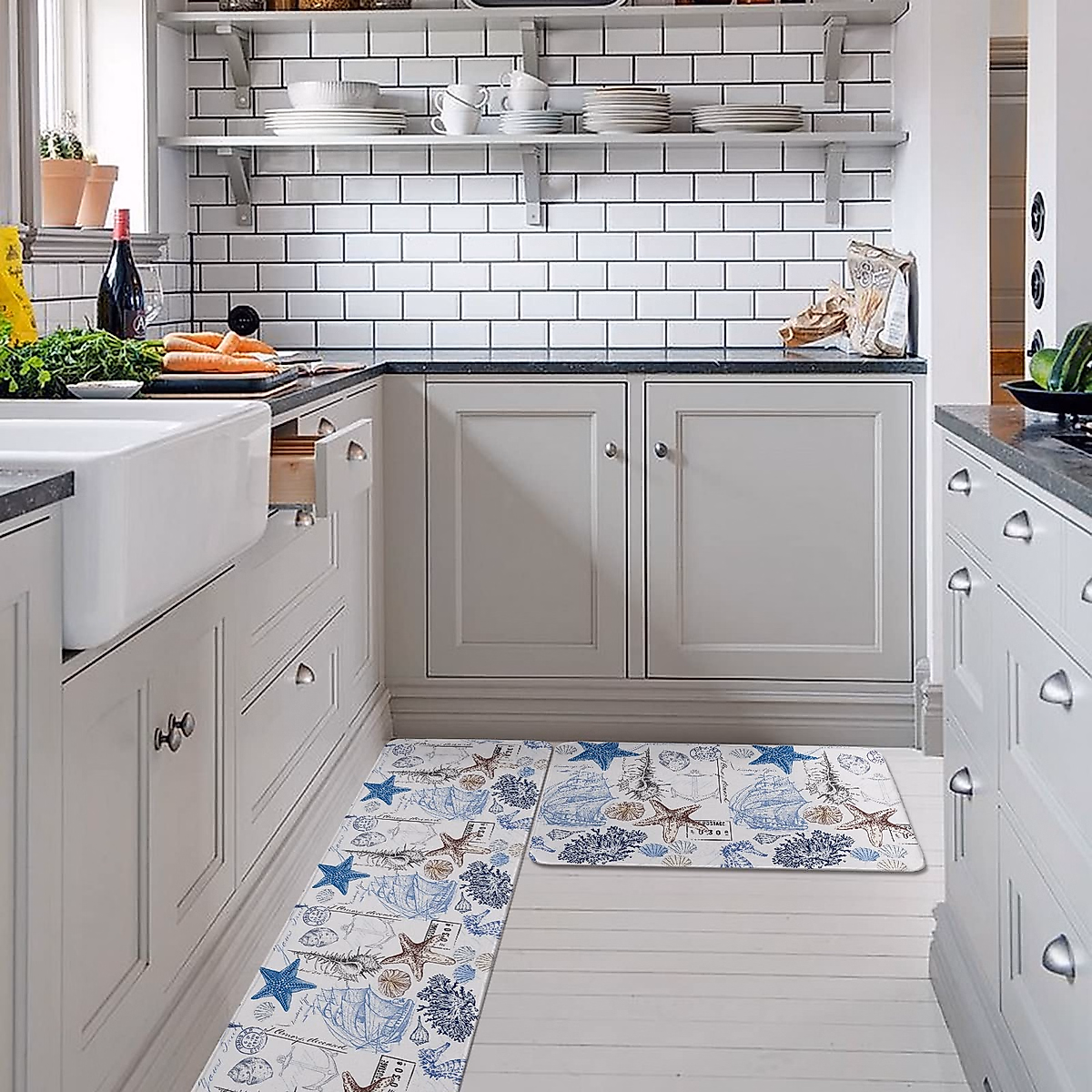 Debedcor Ocean Theme Beach Kitchen Rugs and Mats Set of 2, Coastal Starfish Non-Skid Bathroom Rugs, Nautical Seashell Rug Kitchen Runner Floor Mat for Sink/Laundry Room/Office, 15.7"x23.6"+15.7"x47.2"