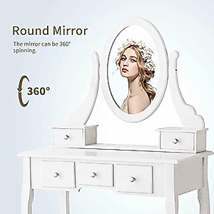 WINVOX White Vanity Dressing Table Set with Mirror Stool 5 Drawers Makeup Desk Bedroom ZLYCFCDUS