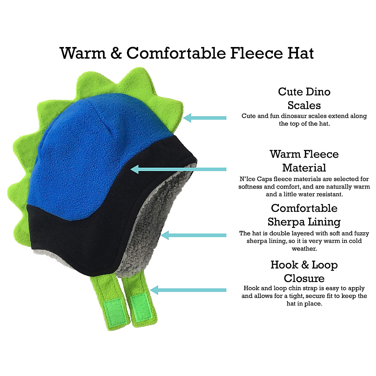N'Ice Caps Toddler Baby Hat Mitten Set Boys Dino Fleece Gloves Warm Sherpa Lined (4-7 Years, Black/Royal/Neon Green Dino)