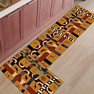 LEO BON Kitchen Rugs Set of 2 Comfort Floor Mats African Style Tribe Print Machine Washable Carpet for Kitchen Floor, Entryway, Hallway and Dining Room