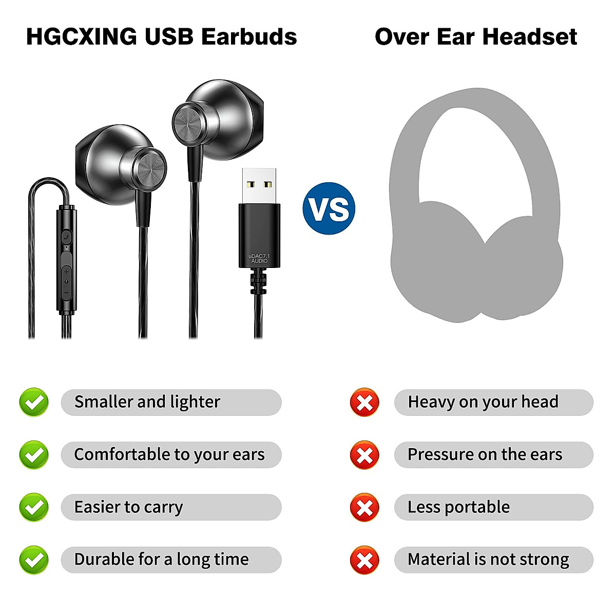 HGCXING USB Headset with Microphone for PC, 8.2FT Wired In-Ear Headphones, Noise Cancelling, Mute, Black, Gaming, Calling