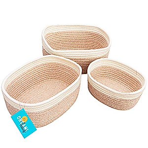 OrganiHaus Set of 3 Small Woven Basket for Organizing | Boho Basket for Storage | Montessori Cotton Rope Storage Baskets | Decorative Storage Bins | Baby Storage Organizer | Closet Baskets - Honey