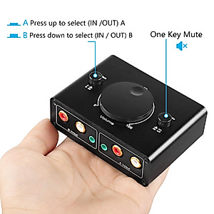CERRXIANR Bi-Directional 2-Way 3.5mm RCA Stereo Audio Switcher, 2 Input 1 Output / 1 Input 2 Output Audio Splitter Switcher Box, One-Key Mute Button for Headphones, Speaker Computers, Laptops etc