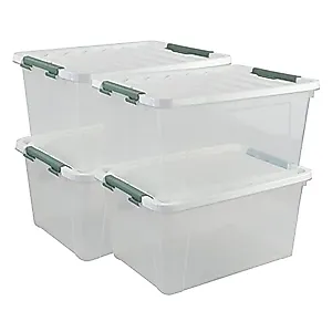 Ucake 25 Quart Plastic Storage Bins with Lids, Clear Plastic Latching Bins, Pack of 4