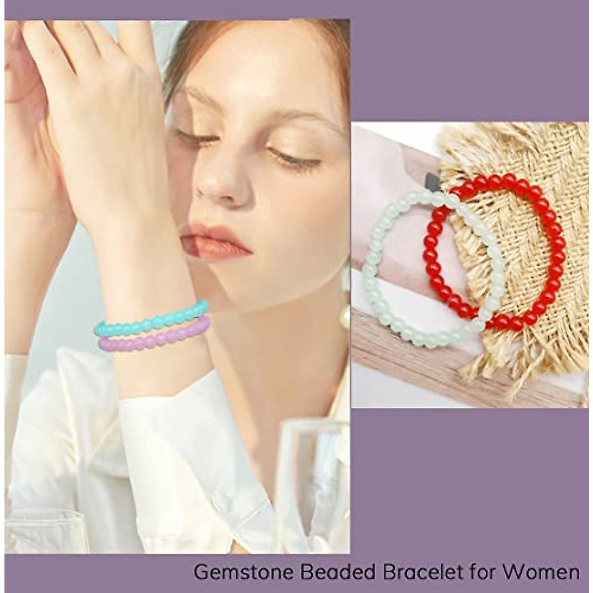 FIRAZIO 21Pcs 6mm Beaded Bracelets Handmade Stretch Glass Bracelet for Women Multicolor Crystal Beads Bracelet Elastic Round Bead Bracelets Jewelry