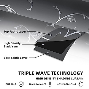 BUHUA Blackout Curtain for Living Room, Grommet Top Black Out Drape, Silver Vine Print Thermal Insulated Room Darkening Curtains 2 Panels for Bedroom (38 x 96 Inch, Dark Grey)