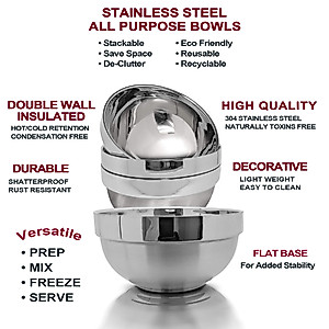 SML HOME Heat Insulated Stainless Steel Bowls, SUS 304, Double Walled Multipurpose, Cereal, Rice, Soup, Noodles, Salad, 4 Pack, LARGE (28 oz)