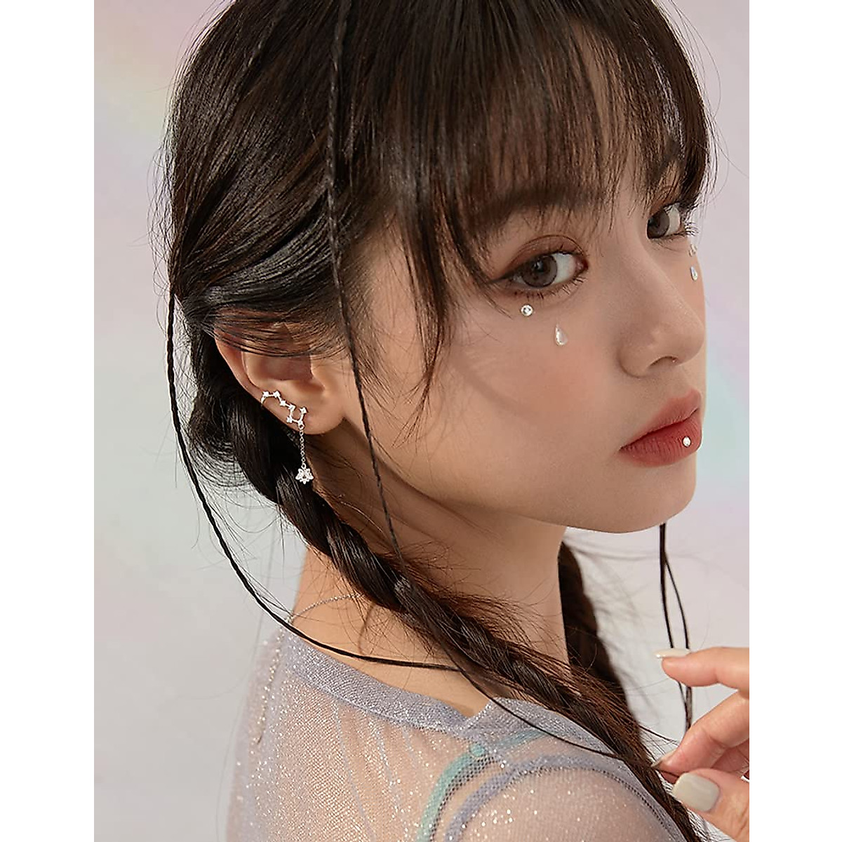 SLUYNZ 925 Sterling Silver Star Cuff Earrings Dangle Chain for Women Big Dipper Crawler Earrings Wrap Star Dangle Earrings (A-Silver)