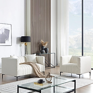 Get Set Style Modern Accent Loveseat Sofa Couch, Tufted Bouclé Upholstered Sherpa Deep Seat Cloud Couch with 2 Pillows, Comfy 2 Seater Love Seat for Living Room Apartment Office Lounge Studio (White)