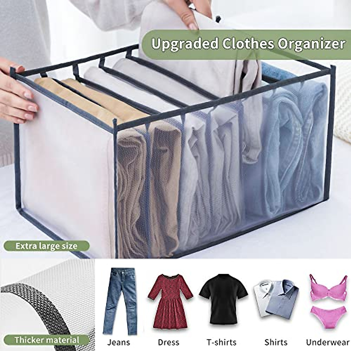 Akpgf Wardrobe Clothes Organizer for Jeans, Upgraded 7 Grids Mesh Compartment Storage Drawer Organizers and Storage, Extra Large 4PCS Pants Jeans Sweater Thick Clothes Organizer