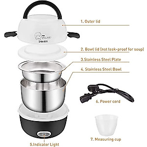 Thousanday Electric Lunch Box- 110V 200W Removable Stainless Steel Food Heating Rice Cooker - with Bowl, Plate, Measuring Cup (Black)