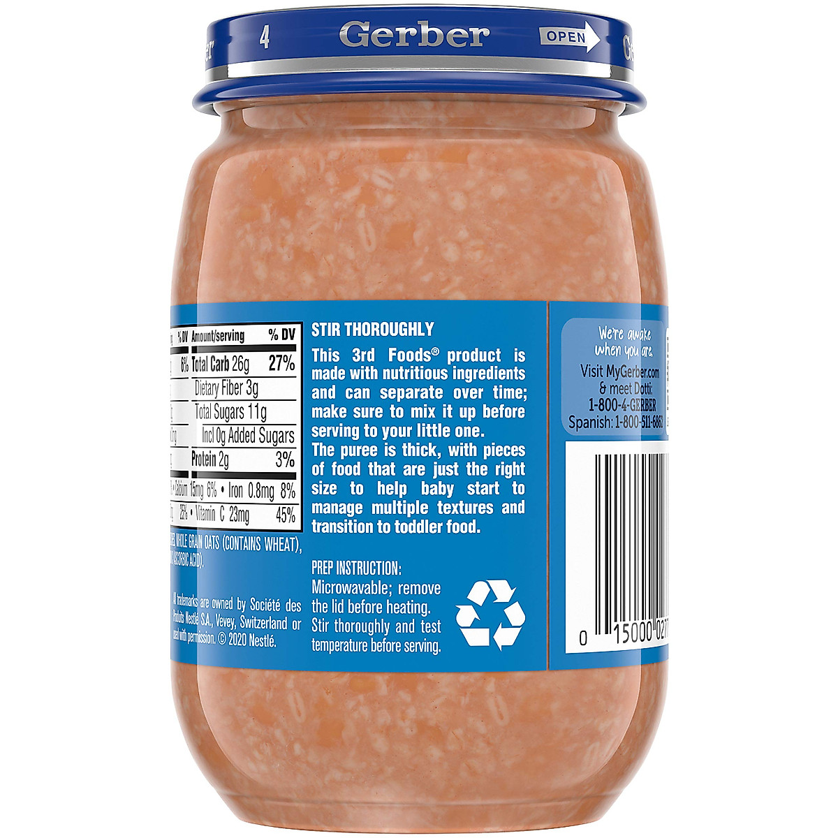 Gerber 3rd Foods Natural for Baby Grain & Grow Baby Food Jar, Pear Peach Oatmeal, Made with Natural Fruit & Vitamin C with Advanced Texture, 6 OZ Glass Jar (Pack of 12)