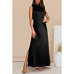 PRETTYGARDEN Women's Long Formal Satin Dress Mock Neck Sleeveless Side Slit Flowy Maxi Tank Dresses (Black,Medium)