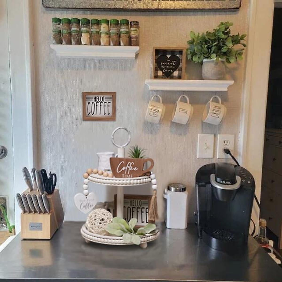 GenMous Farmhouse Coffee Bar Decor, Beaded 2 Tiered Tray with 4pcs Tiered Tray Decor for Farmhouse Home Decor, Two Tiered Decorative Trays for Coffee Counter, Party Decorations, Kitchen Table Décor