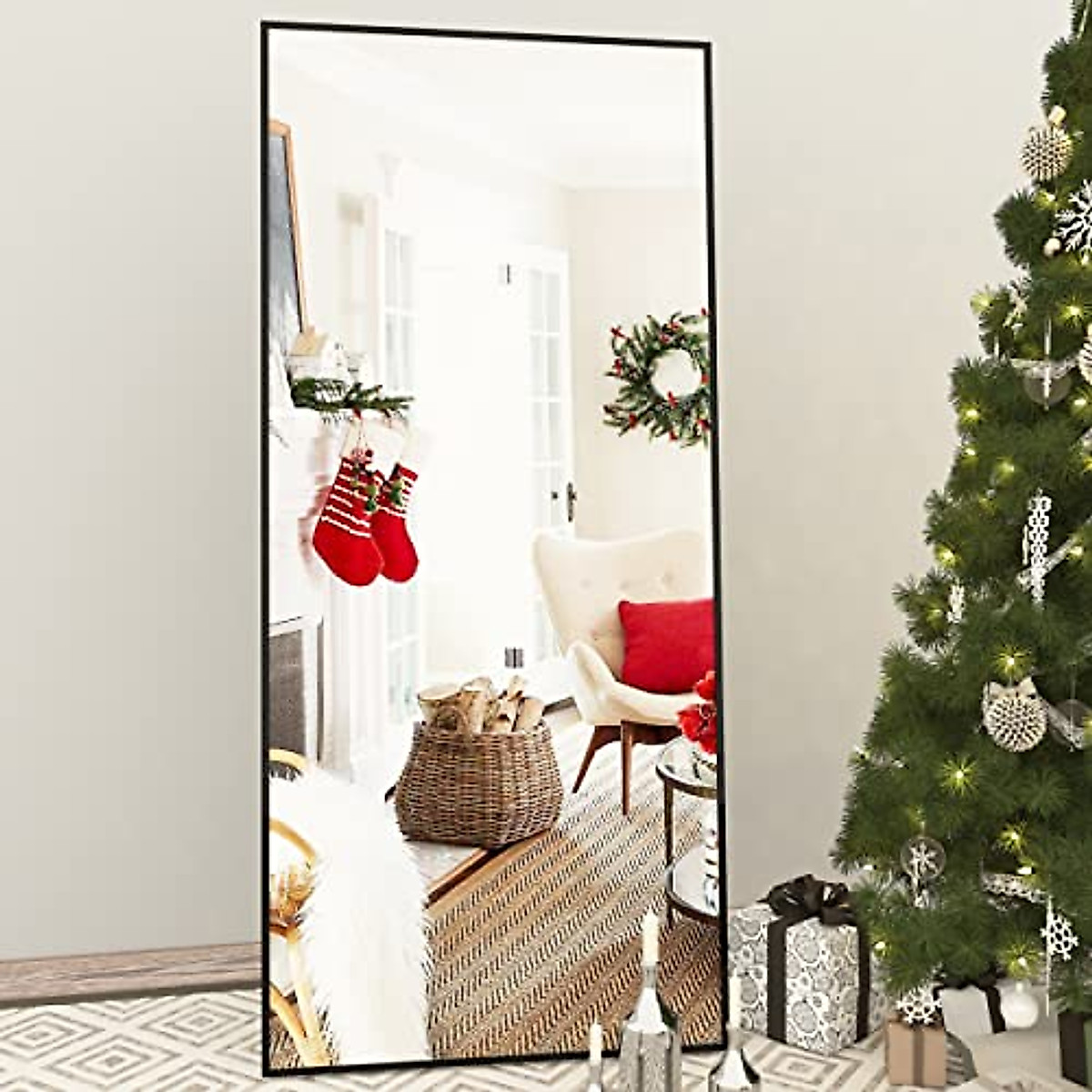 CONGUILIAO Full Length Mirror, 65" × 24" Standing Body Mirror, Large Floor Mirror, Full Standing Mirror, Standing Hanging or Leaning, Wall-Mounted Mirror Dressing Mirror, Aluminum Alloy Frame, Black